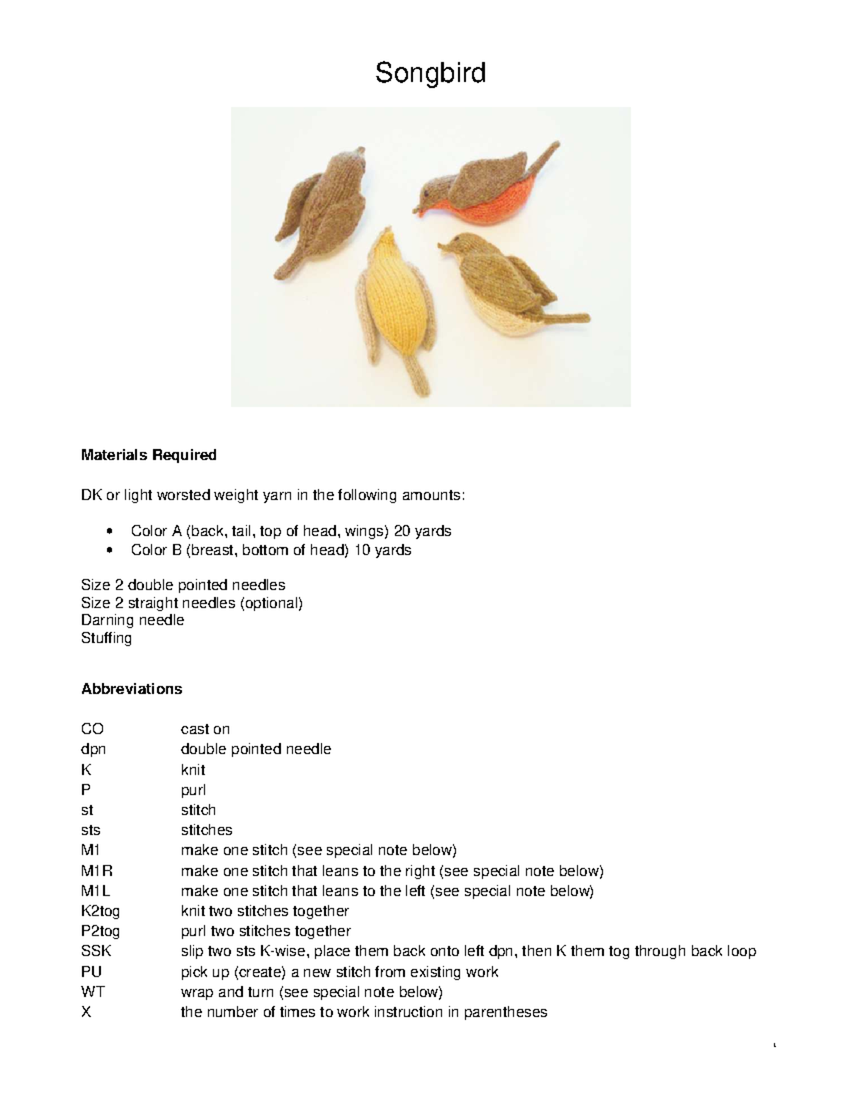 Songbird Knitting Pattern: DK Yarn Instructions & Techniques - Studocu
