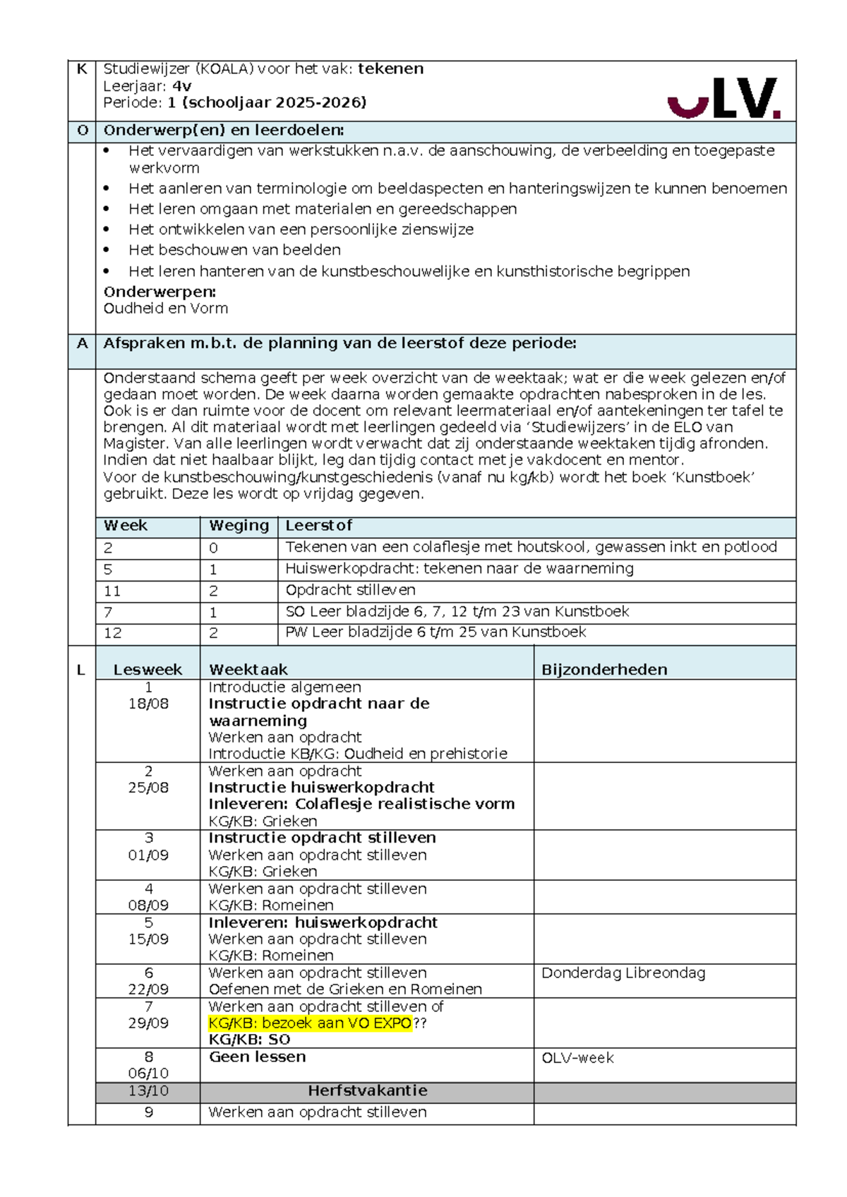 Studiewijzer Tekenen (STW TE 4V P1) - Leerjaar 4v Periode 1 - Studeersnel
