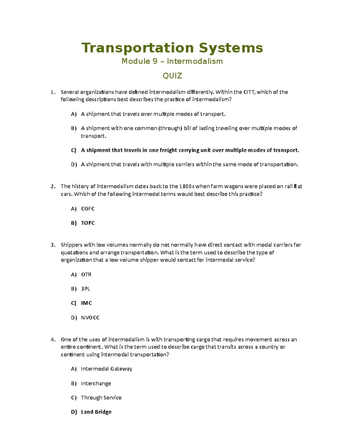 TS Quiz 09 - Intermodalism - Transportation Systems Module 9 ...