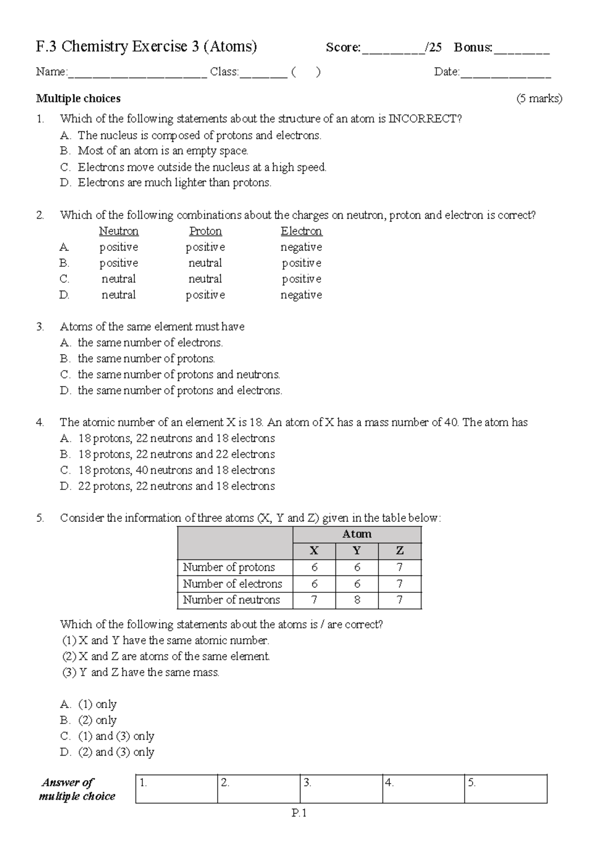 F.3 Chemistry 1st Term Exercise: Atoms & Multiple Choice Questions ...