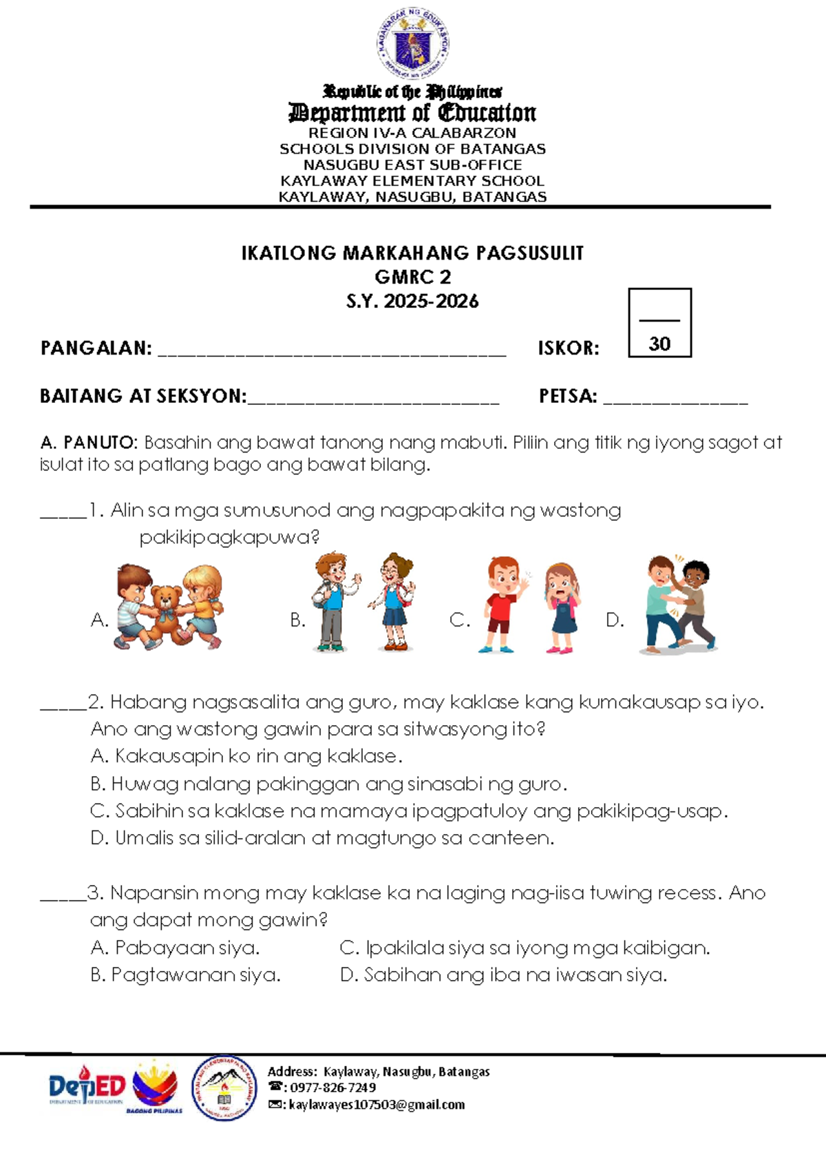 3rd Periodical Test in GMRC 2 S.Y. 30 - Kaylaway Elementary School ...