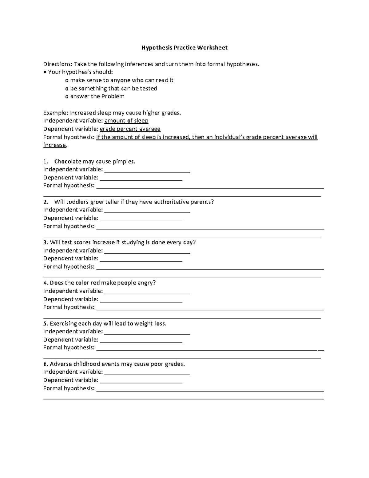 Hypothesis -Worksheet - Hypothesis Practice Worksheet Directions: Take ...