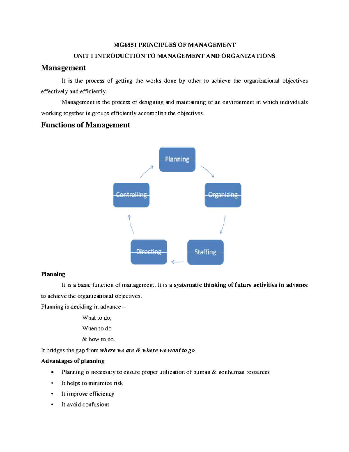 Unit 2-POM - notes - UNIT II PLANNING Nature and purpose of planning ...