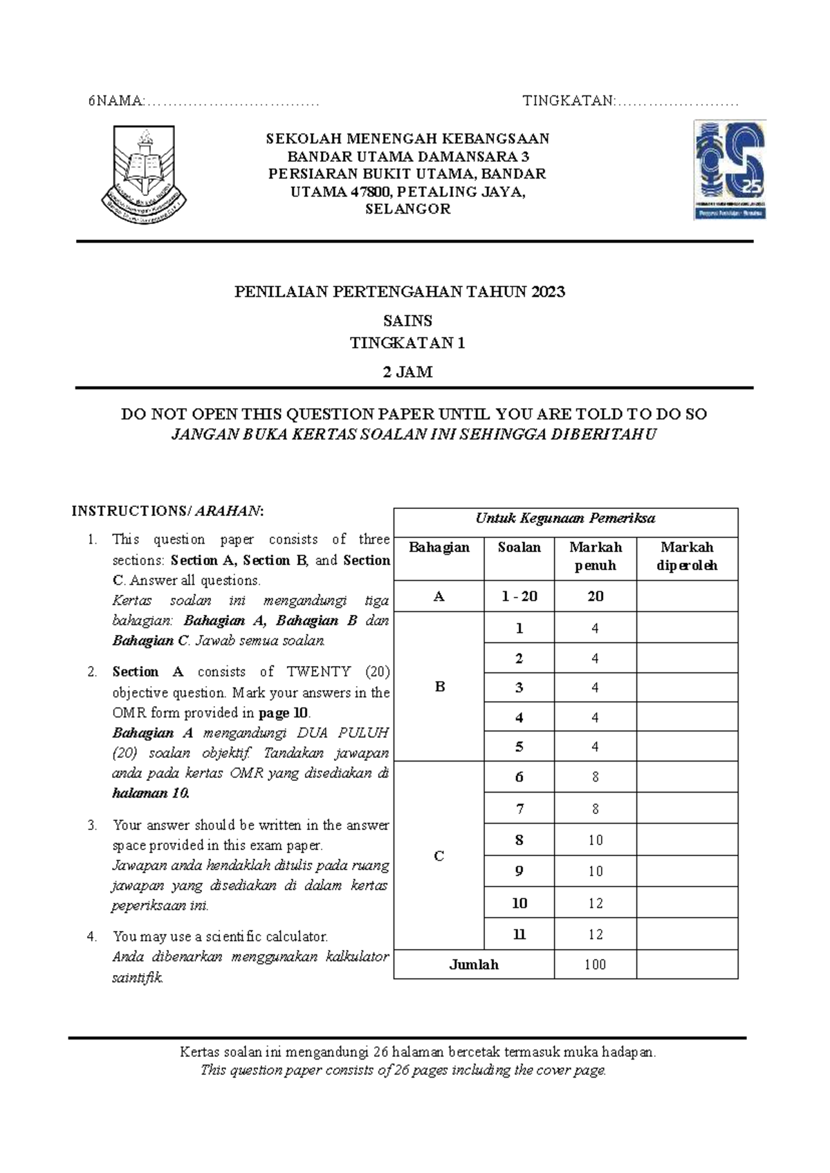 Science Form 1 midterm assessment 2023 question paper - Studocu