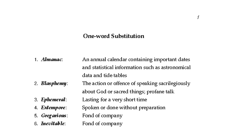 ONE WORD Substitution List for Vocabulary Enhancement - Studocu