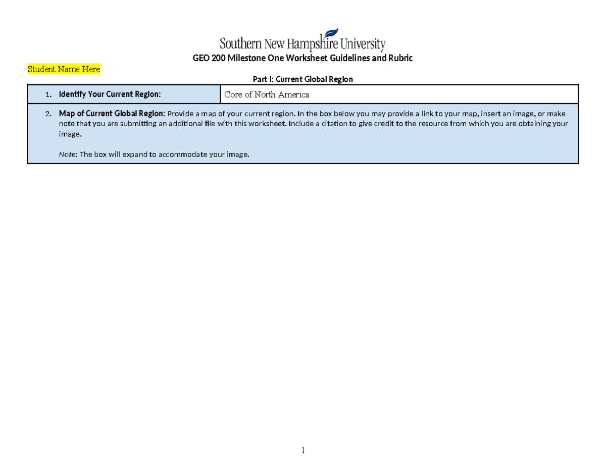 GEO 200 Milestone One Worksheet: Comparative Analysis of Global Regions ...