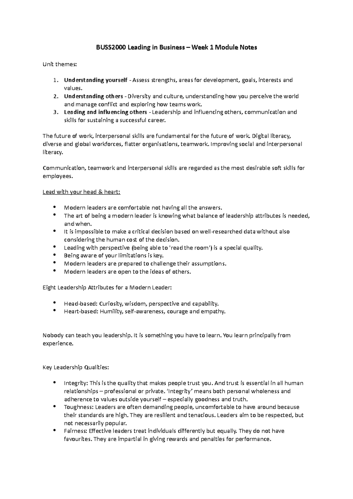 BUSS2000 Leading in Business Module 1 Notes - BUSS2000 Leading in ...