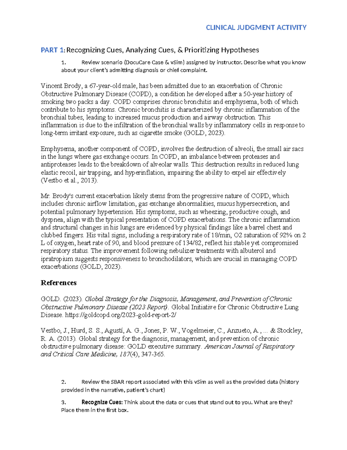 Vincent Brody COPD Clinical Judgment Worksheet - Final Exam - Studocu