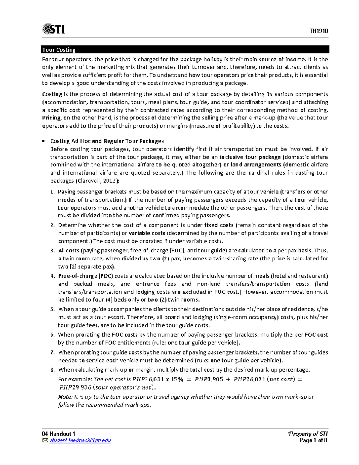 04 Handout 1 - Tour Costing for Package Holidays - Studocu