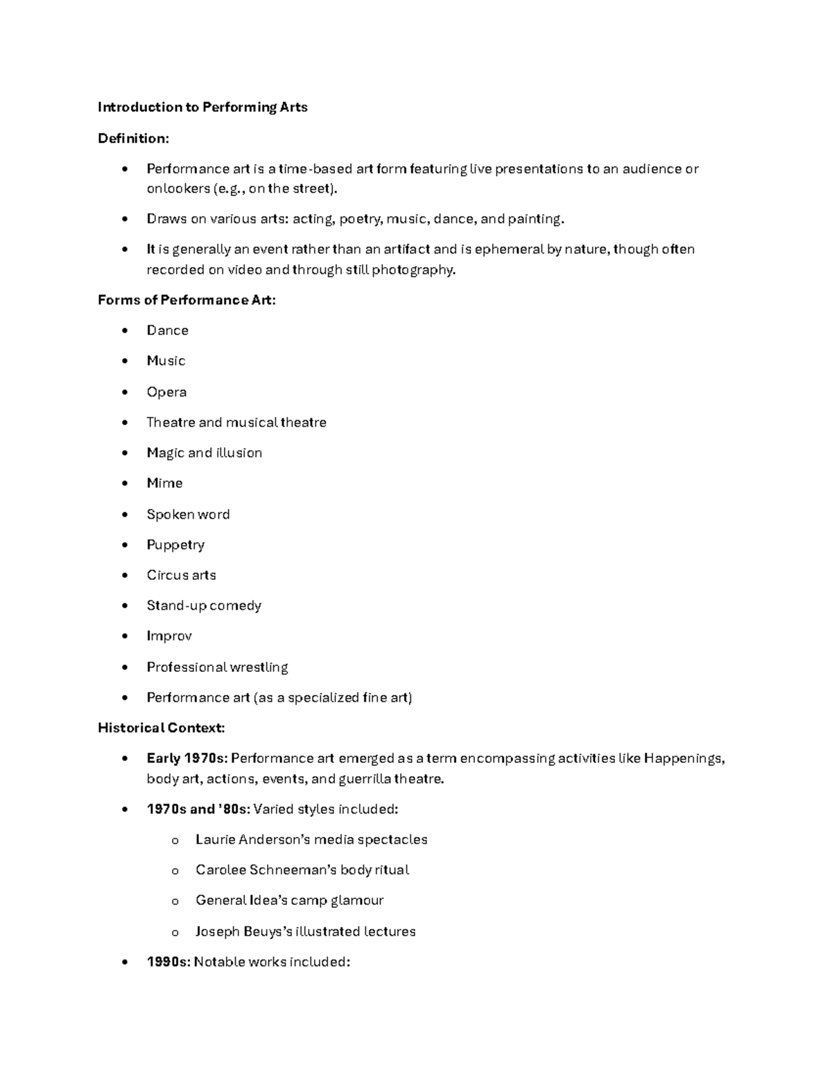 Introduction to Performing Arts: Definitions, Forms, and Context - Studocu