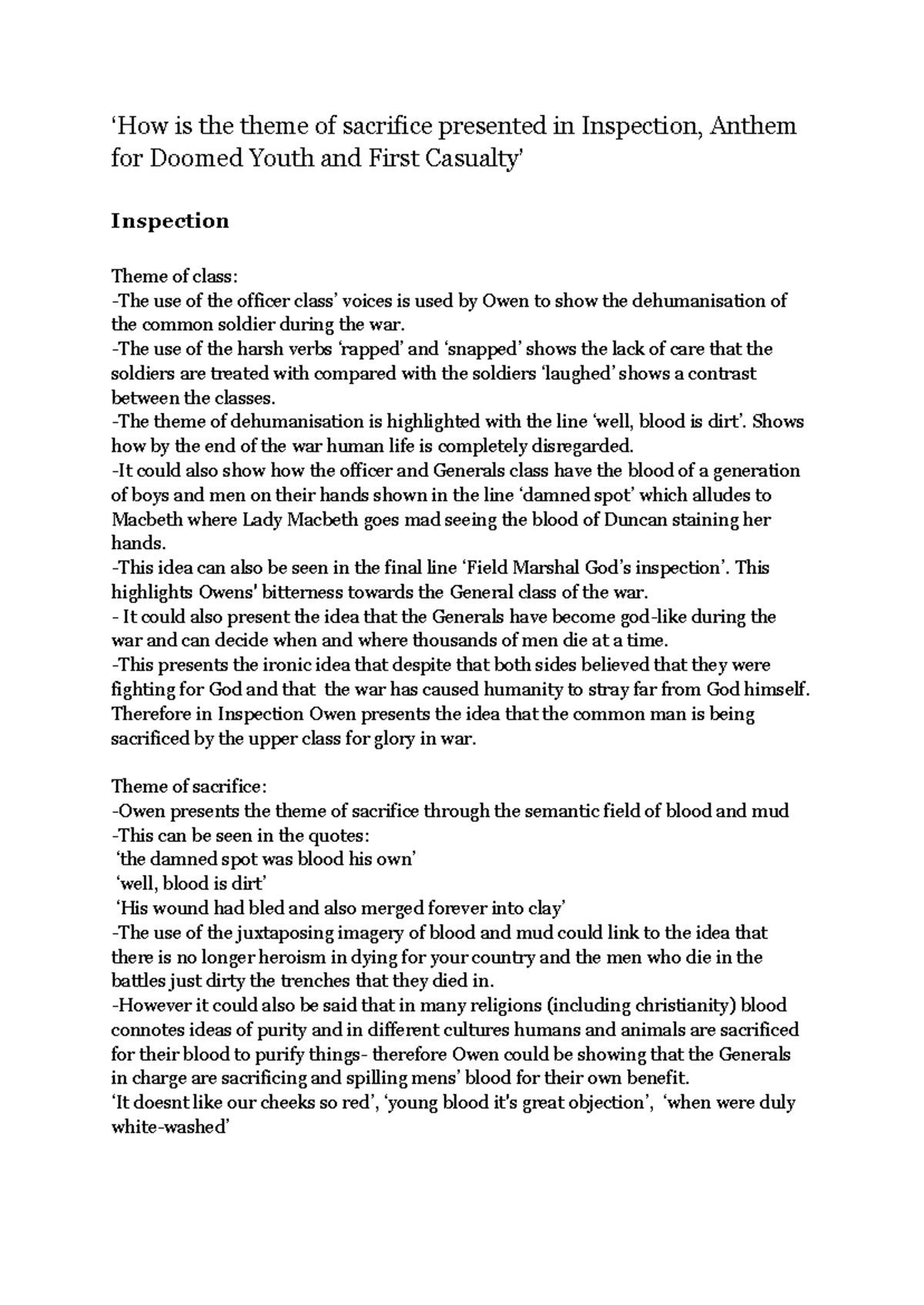 'Inspection' and 'Anthem for Doomed Youth' by Wilfred Owen and First ...