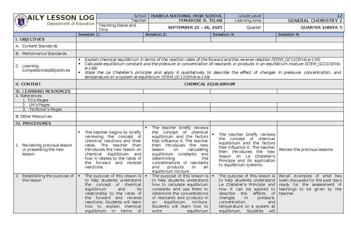 Gen Chem 2 Q4 Week 2 Lesson Log: Chemical Equilibrium Concepts - Studocu