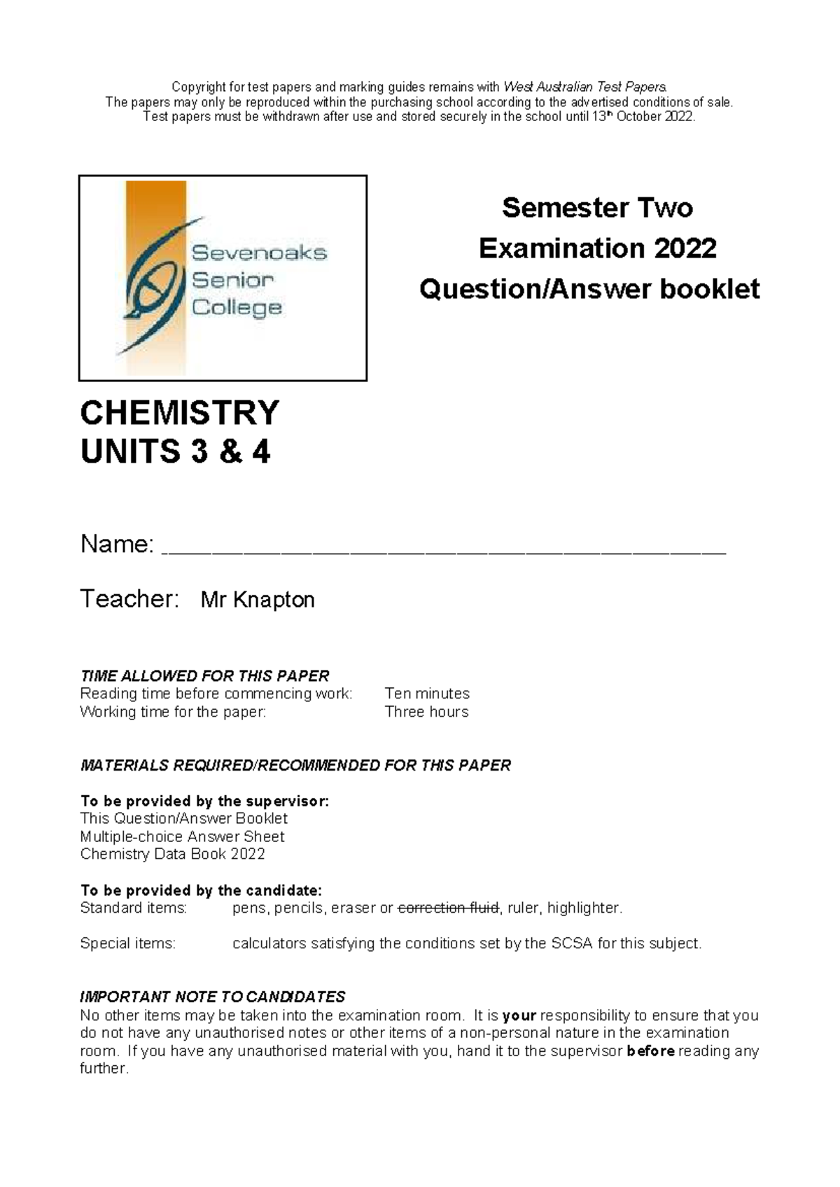 2022 Chemistry Units 3 & 4 Final Exam Paper - Studocu