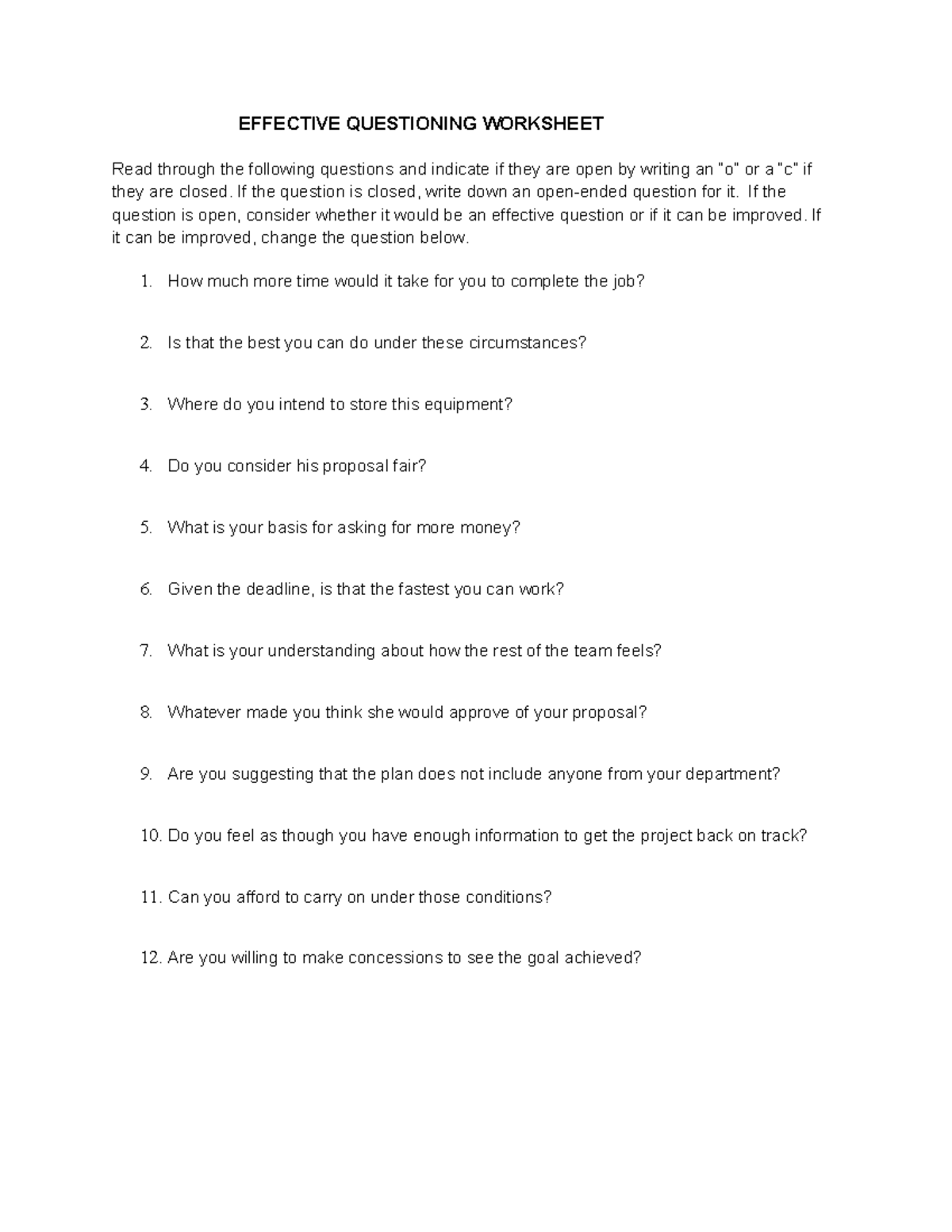 Effective Questioning Worksheet: Open vs Closed Questions Analysis ...