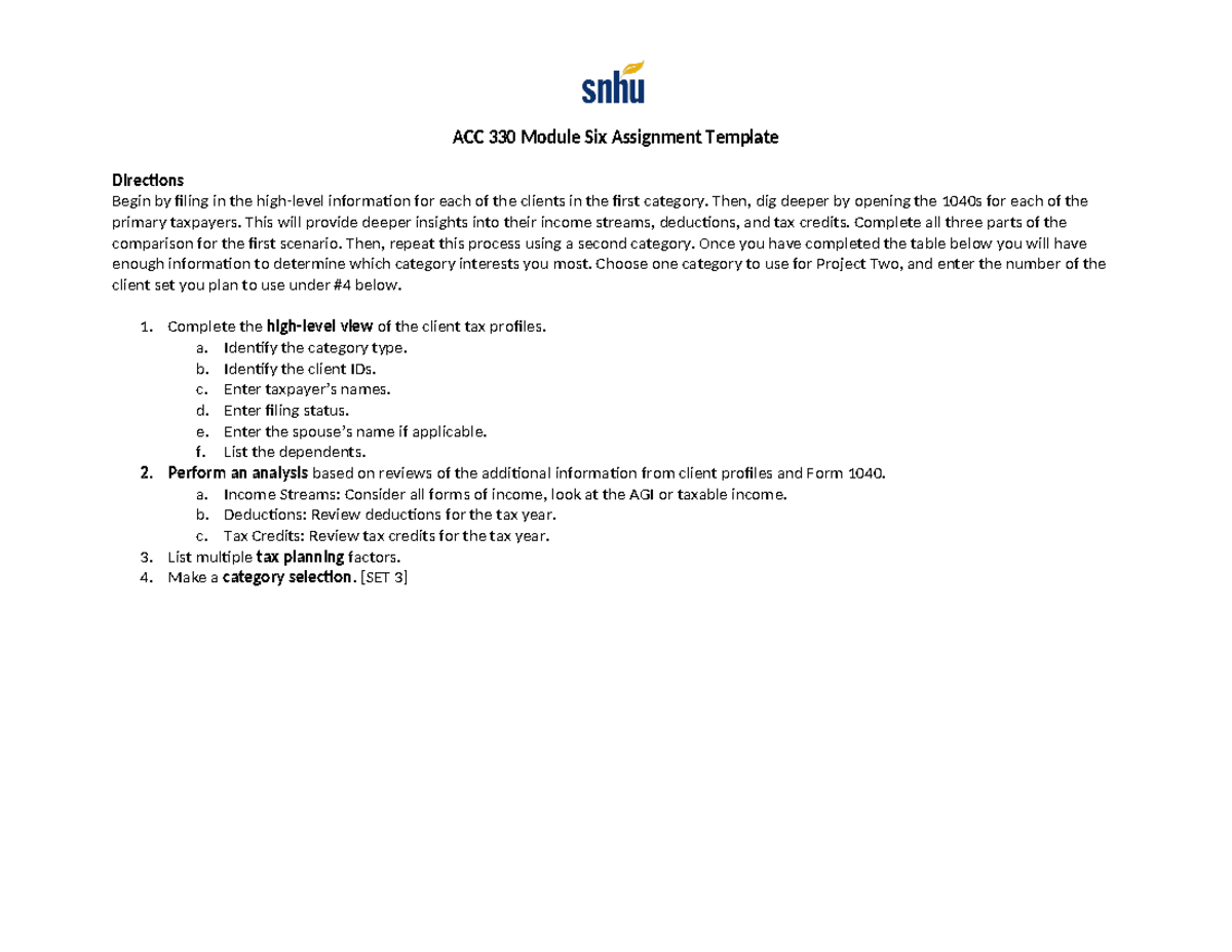 ACC 330 Module 6 Tax Category Comparison Assignment Template - Studocu