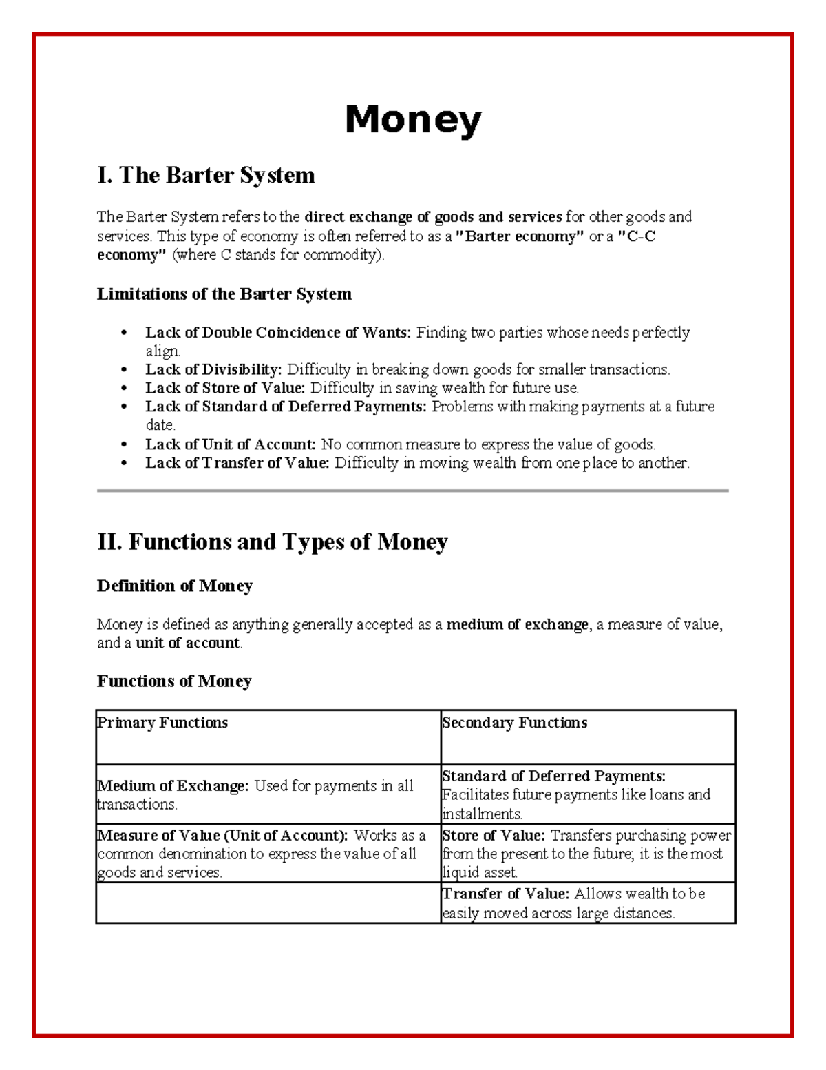 Money I: The Barter System and Functions of Money - Exam Notes - Studocu
