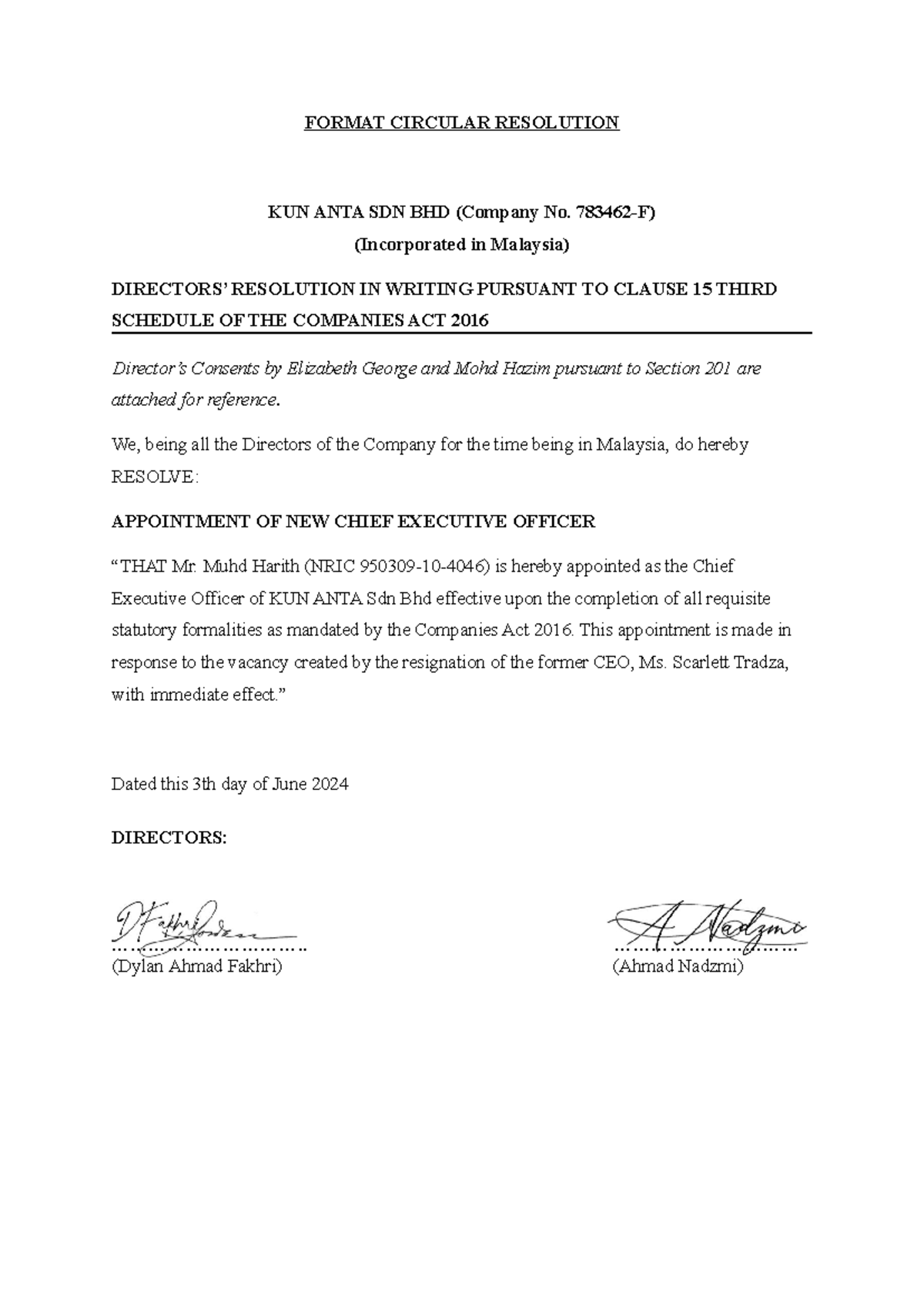 Circular Resolution for CEO Appointment - KUN ANTA SDN BHD - Studocu