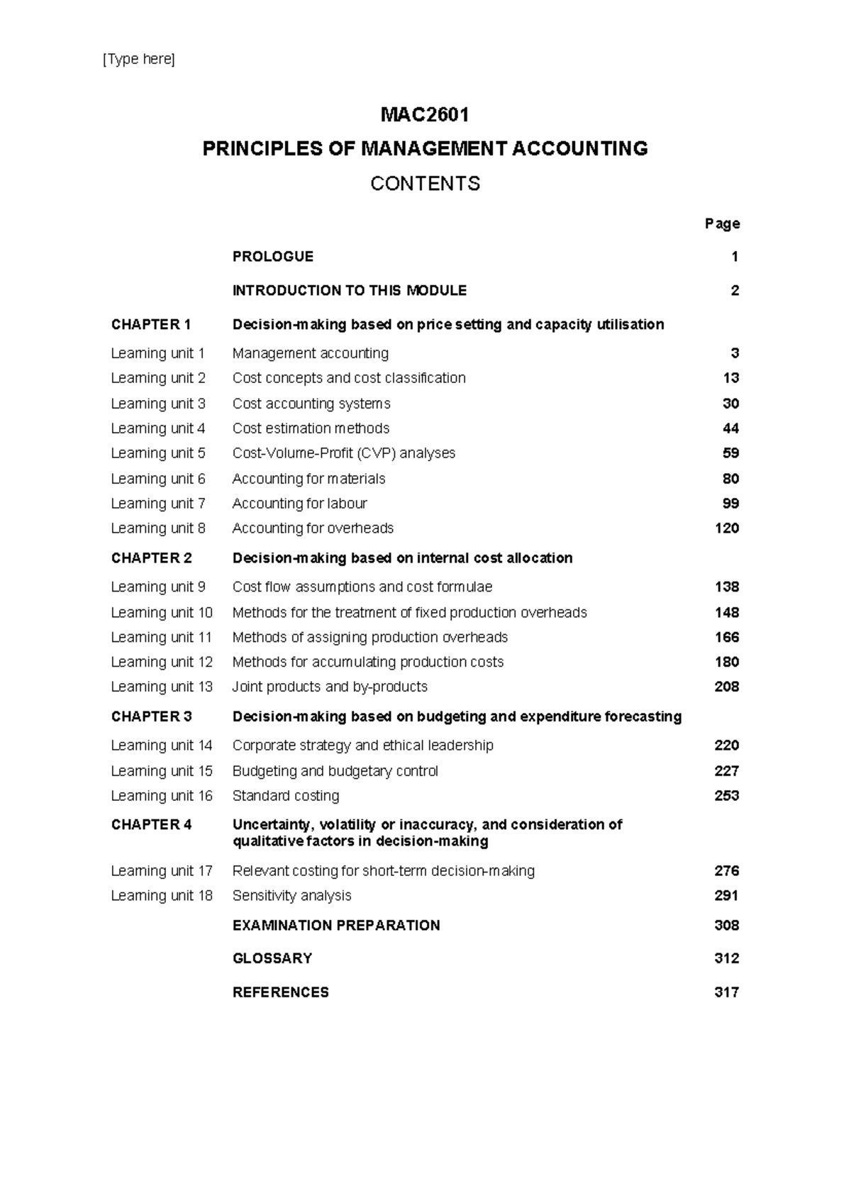 MAC2601 Principles of Management Accounting: Module Overview and ...