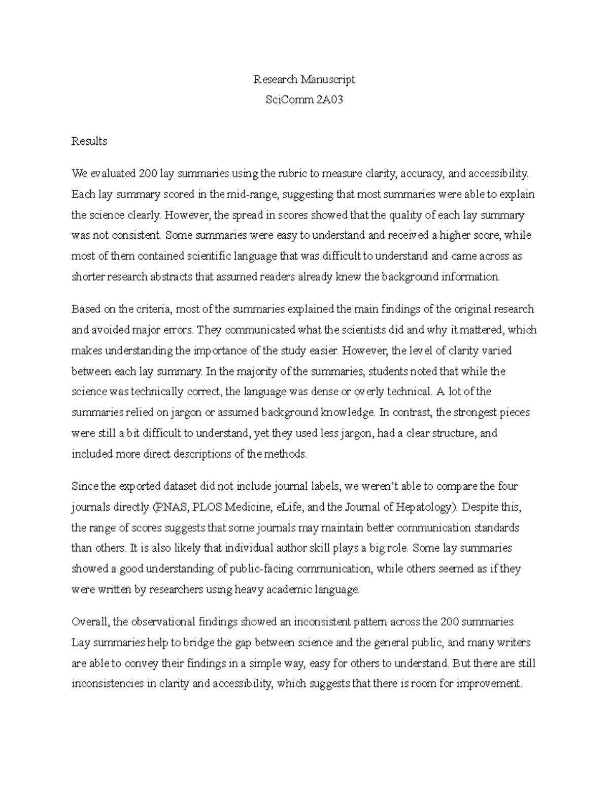 Research Manuscript SciComm 2A03: Evaluating Lay Summaries for Clarity ...