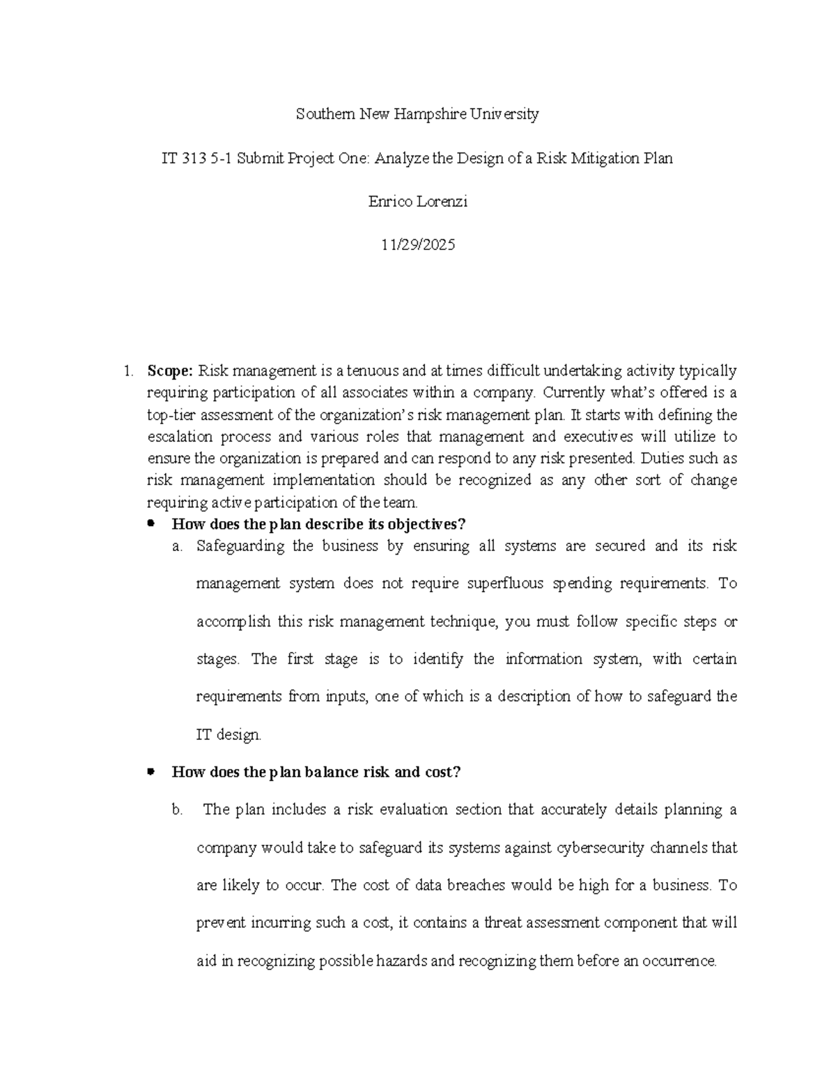 IT 313 Project 1: Risk Mitigation Plan Analysis at SNHU - Studocu