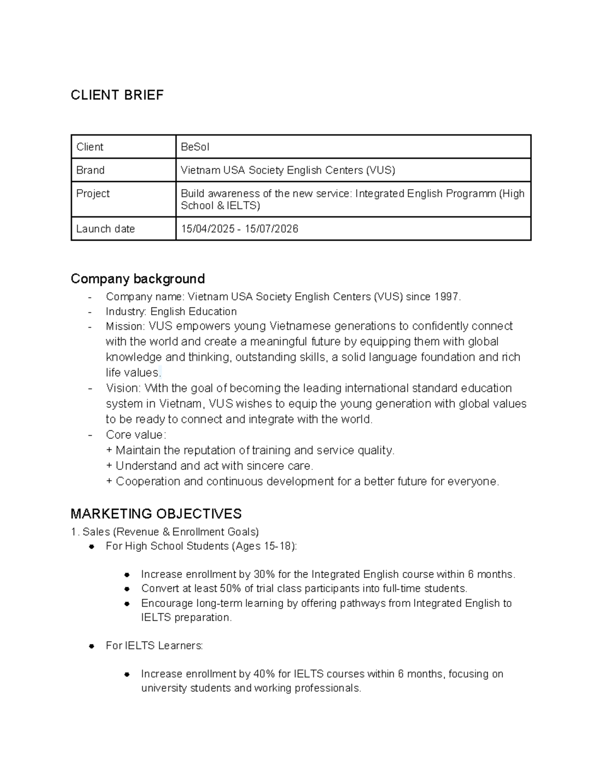 Agency Brief Example - CLIENT BRIEF Client BeSol Brand Vietnam USA ...