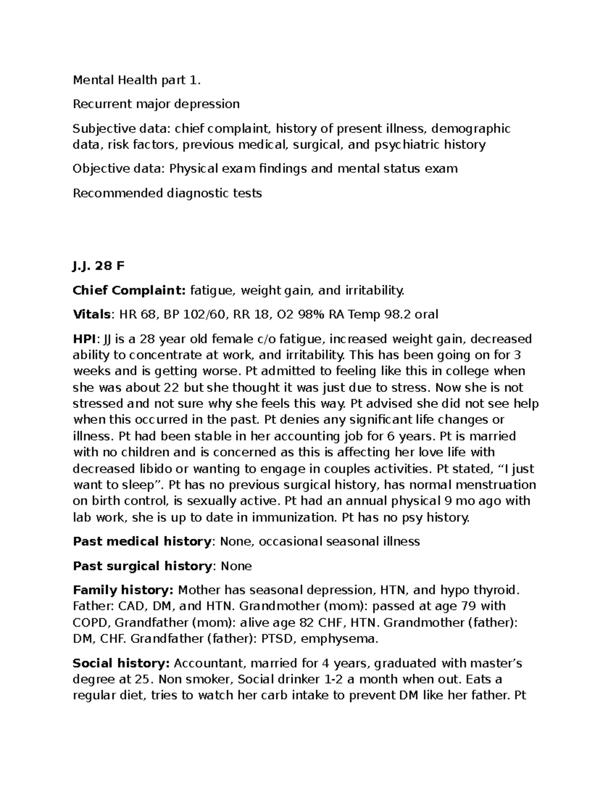 Mental Health Case Study: Recurrent Major Depression (Part 1) - Studocu