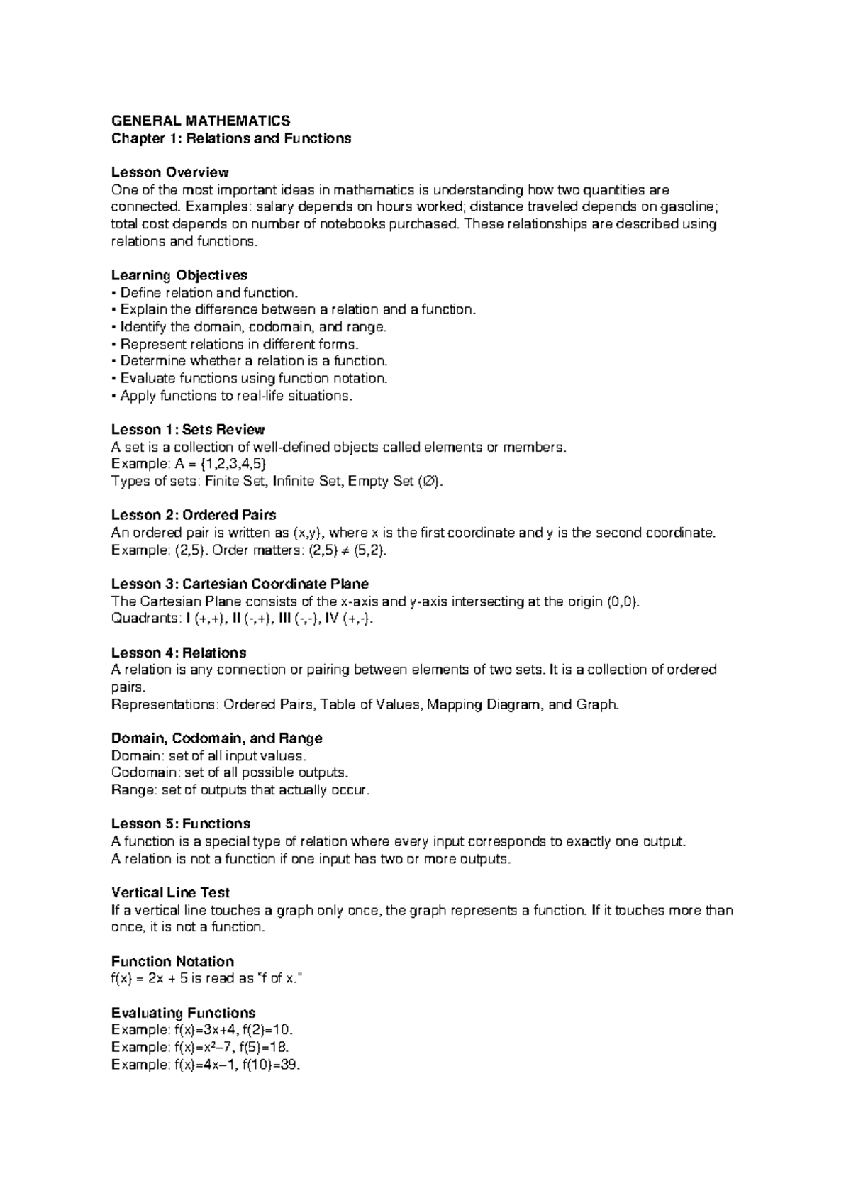 GENERAL MATHEMATICS Chapter 1: Overview of Relations & Functions - Studocu