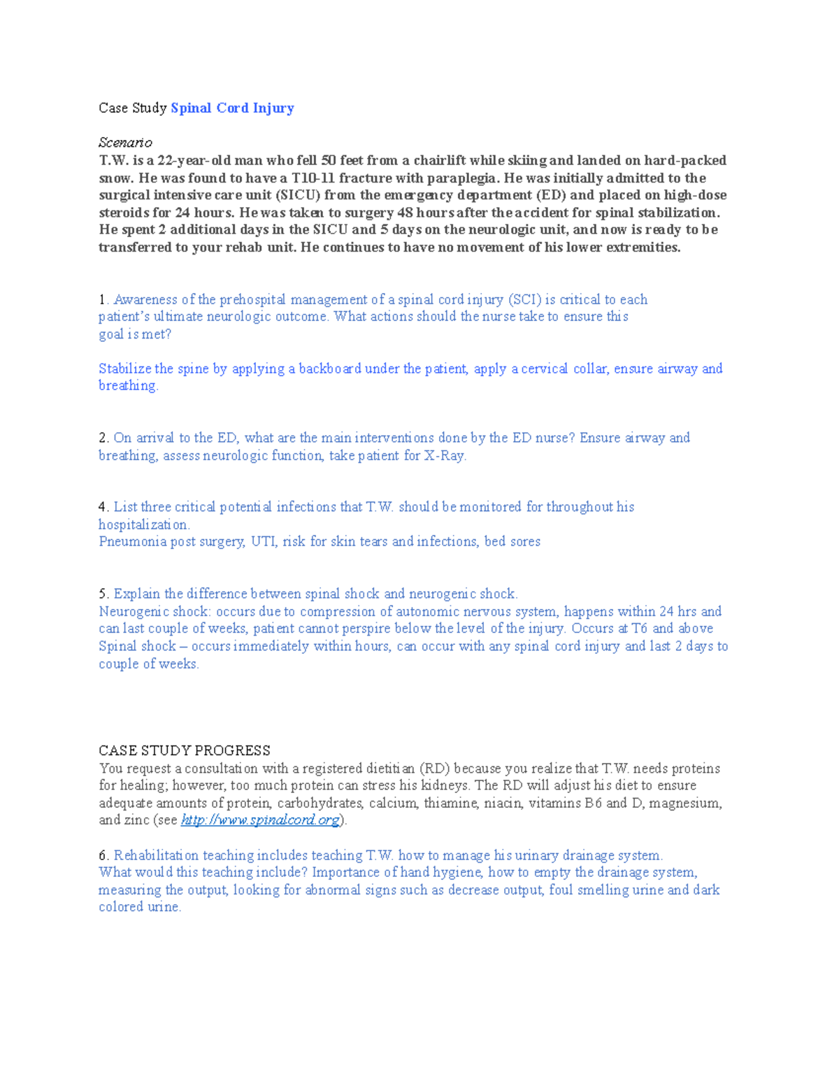 Evolve SCI Case Study FA 21 - Case Study Spinal Cord Injury Scenario T ...