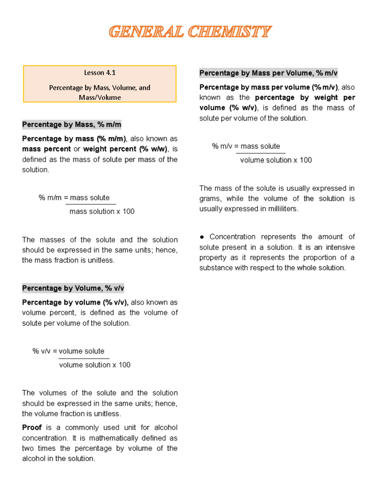 General Chemistry SHS: Lessons on Concentration Units and Definitions ...