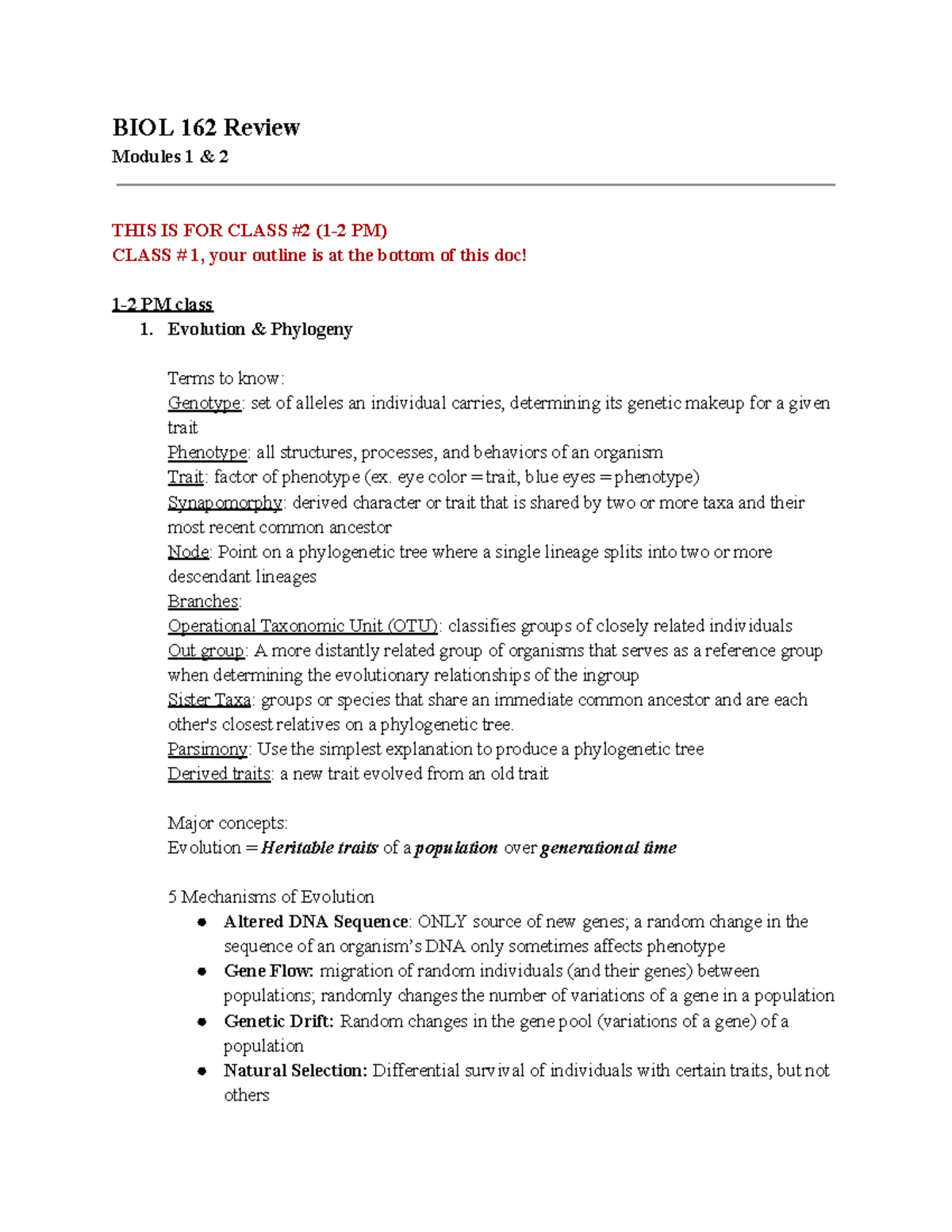 BIOL 162 Final Exam Review: Evolution, Phylogeny, and Diversity ...
