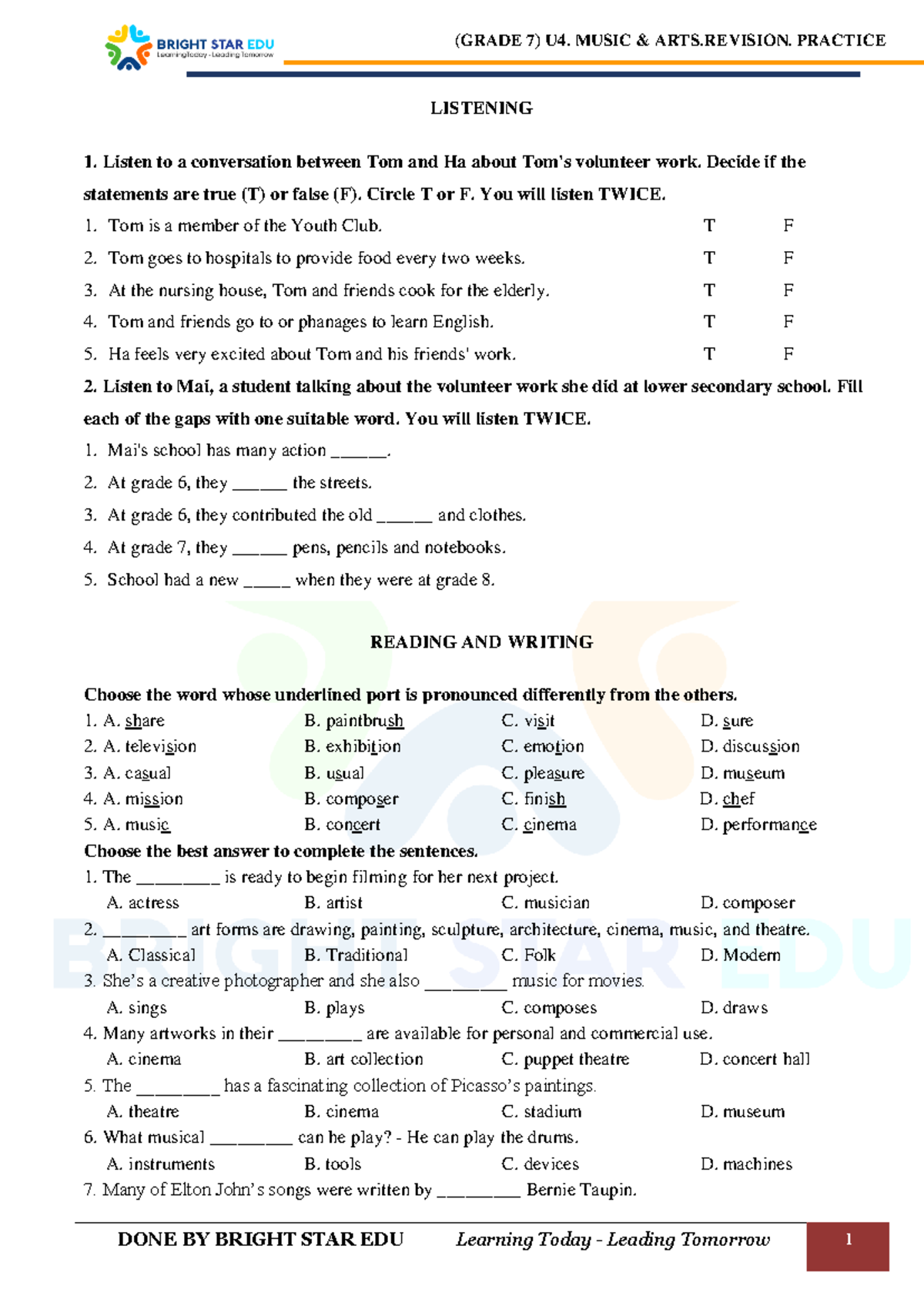 (Grade 7) U4. Music & Arts Revision Practice Exercises - Studocu