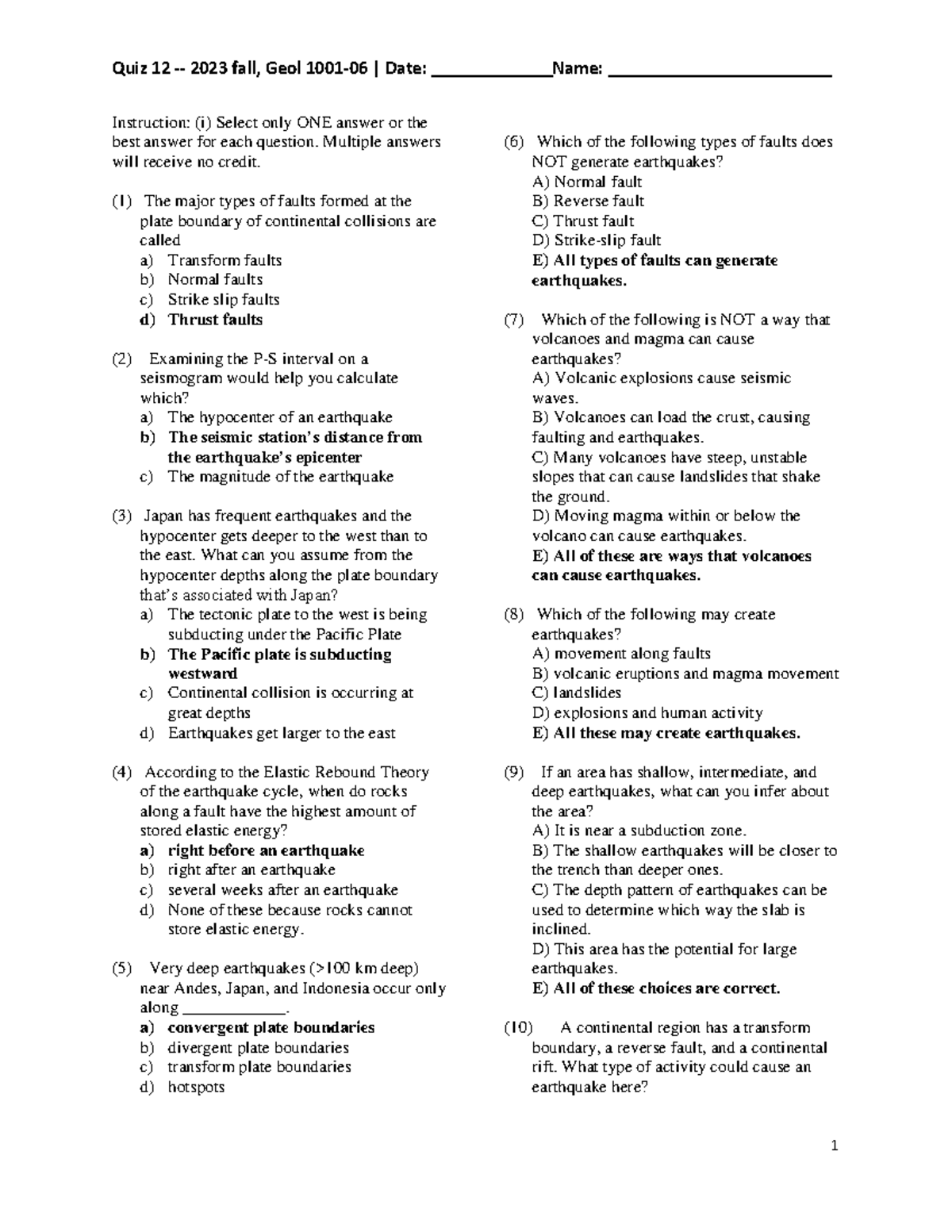 Quiz 12 (Geol 2023 Fall) - Earthquake and Fault Types Answers - Studocu