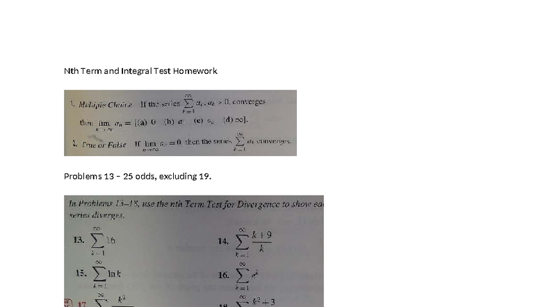 Nth Term and Integral Test Homework - Nth Term and Integral Test ...