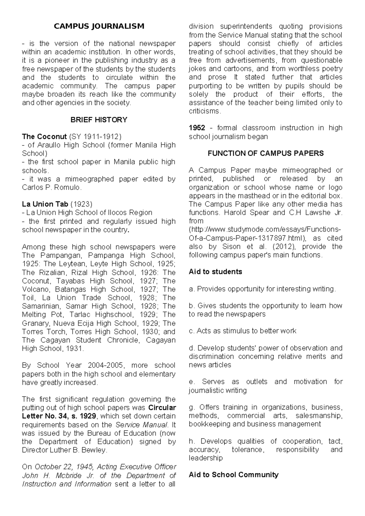 CAMPUS JOURNALISM: A Comprehensive Overview and Functions - Studocu