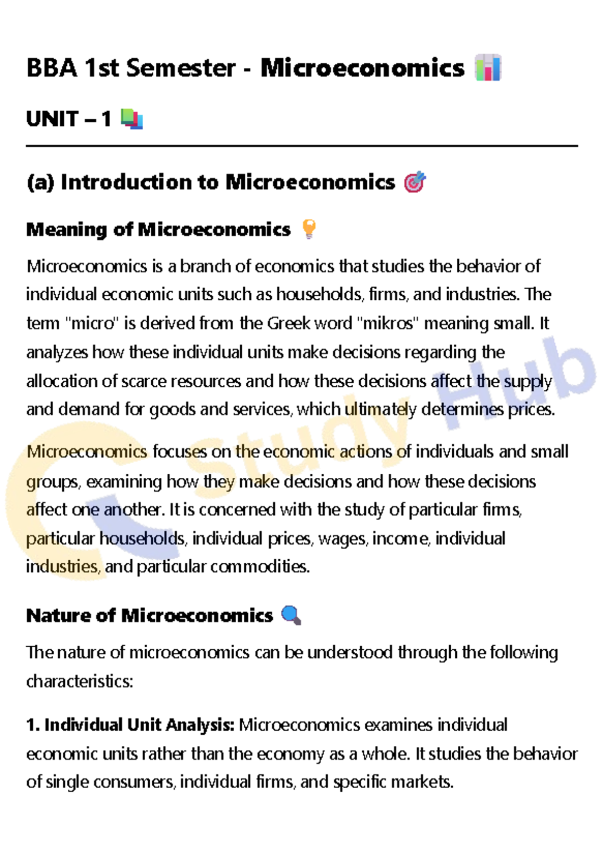 BBA 1st Sem Microeconomics Unit 1: Introduction & Key Concepts - Studocu