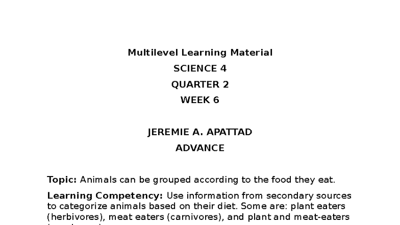 Science 4 Q2 W6: Animal Diet Classification and Ecosystem Roles - Studocu
