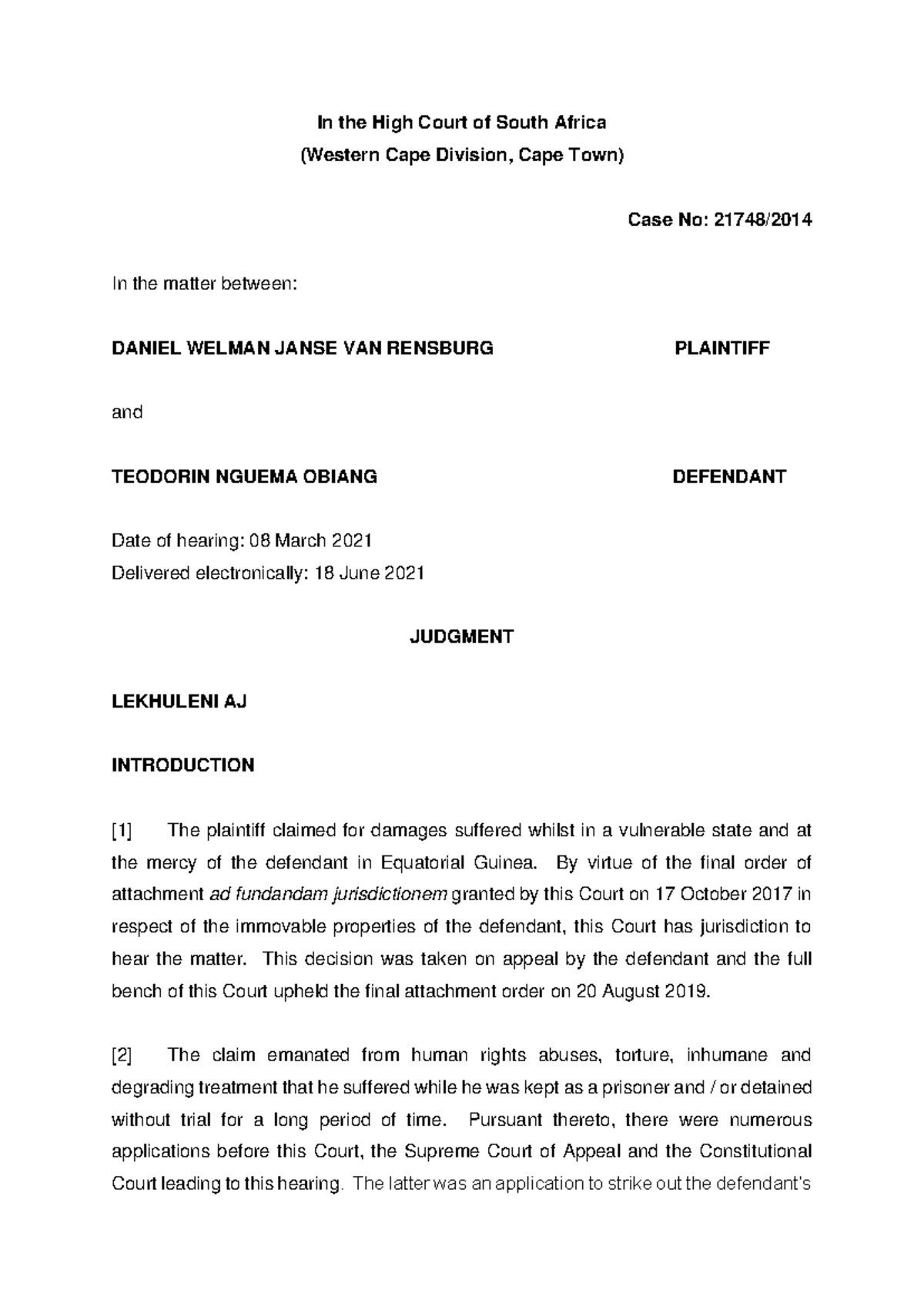 High Court Case No: Welman v Obiang - Judgment on Torture Claims - Studocu