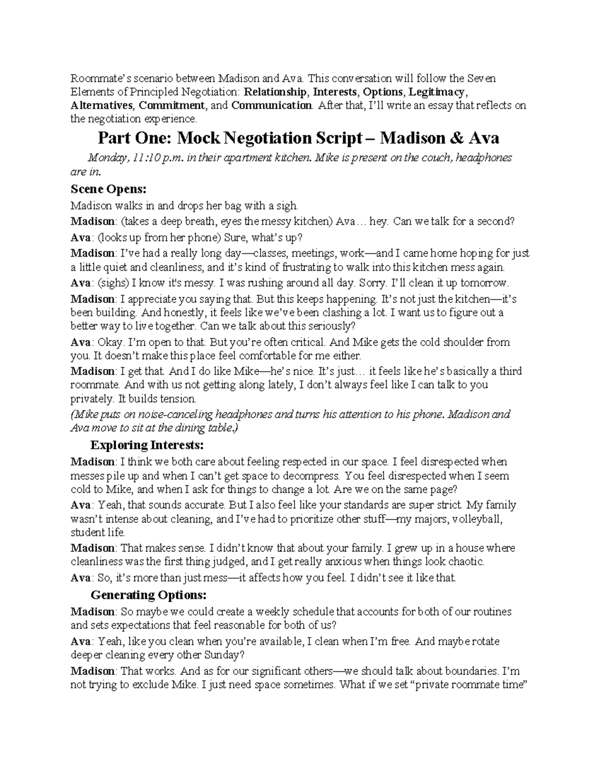 Roommate Negotiation Script: Madison & Ava - Course 77 - Studocu