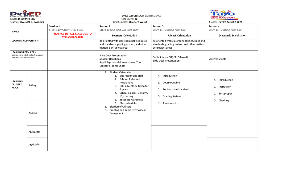 DAILY LESSON LOG: EARTH SCIENCE Grade 12 - Quarter 1, Week 1 - Studocu