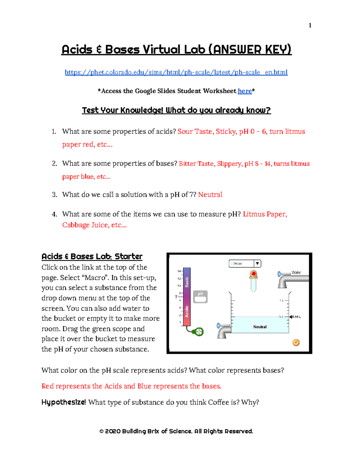 Acids & Bases Virtual Lab (ANSWER KEY) - Student WS & Teacher Guide ...