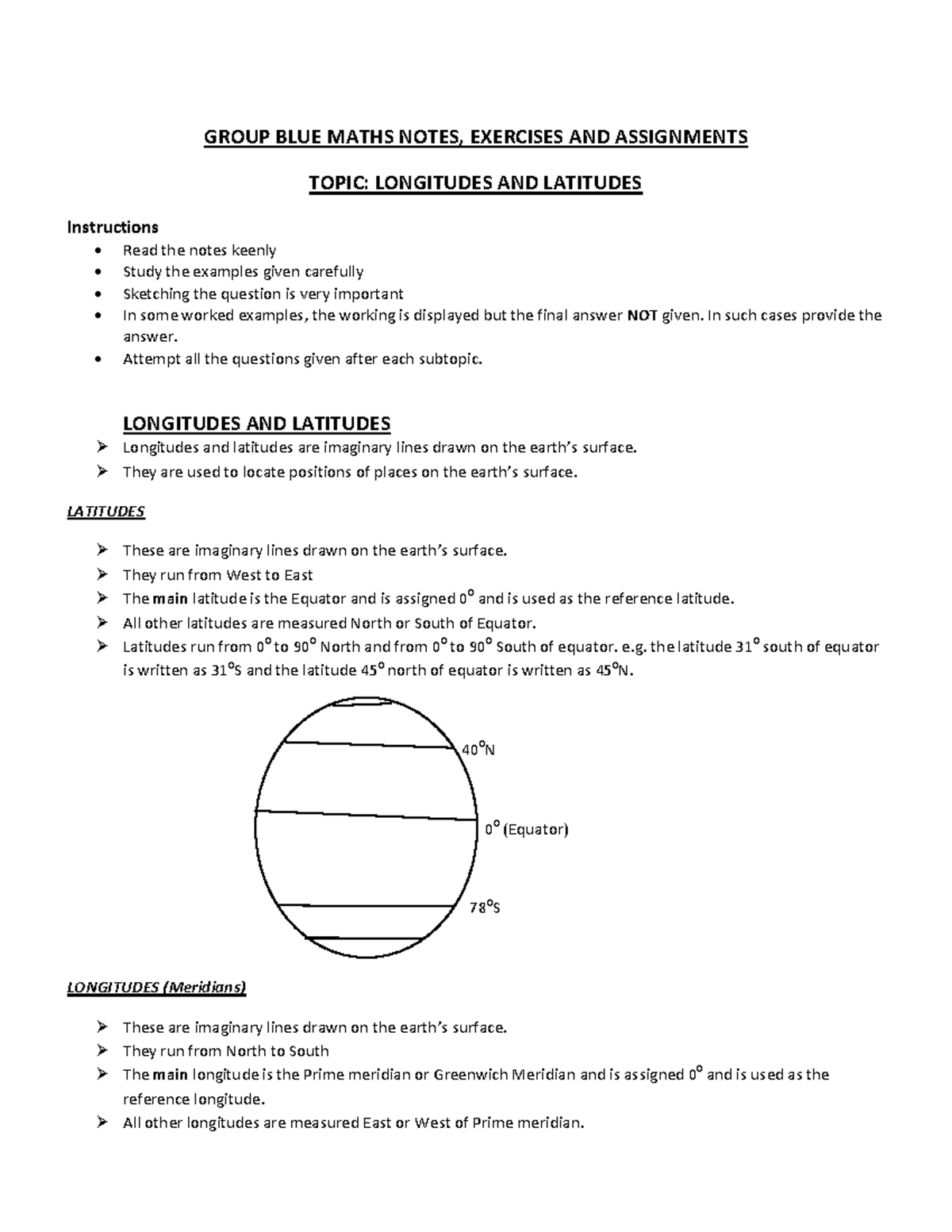 Longitude and latitudes notes and exercises for group blue - Studocu