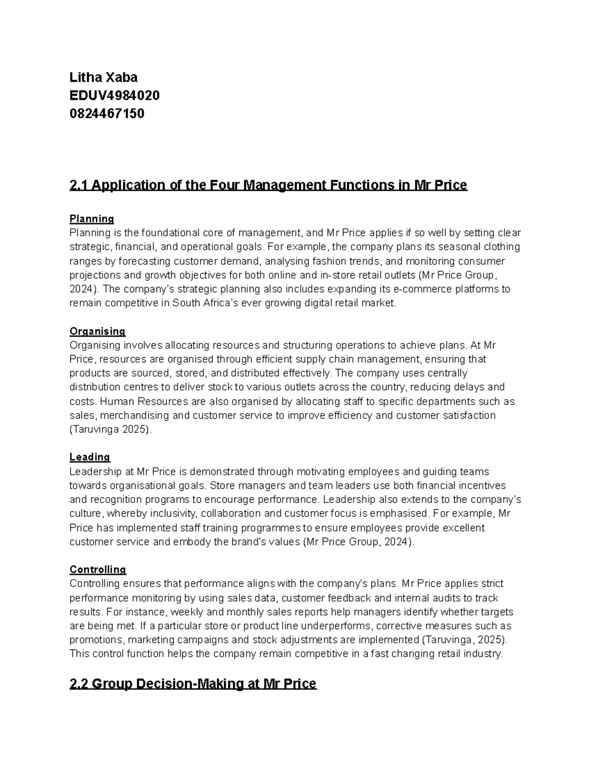 EDUV4984: Application of Management Functions at Mr Price - Assignment ...