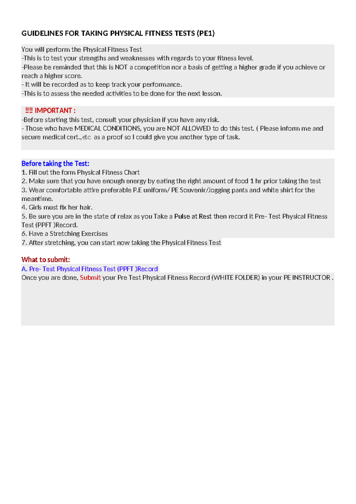 Physical Fitness Test Guidelines (PE1) and Score Card - Studocu