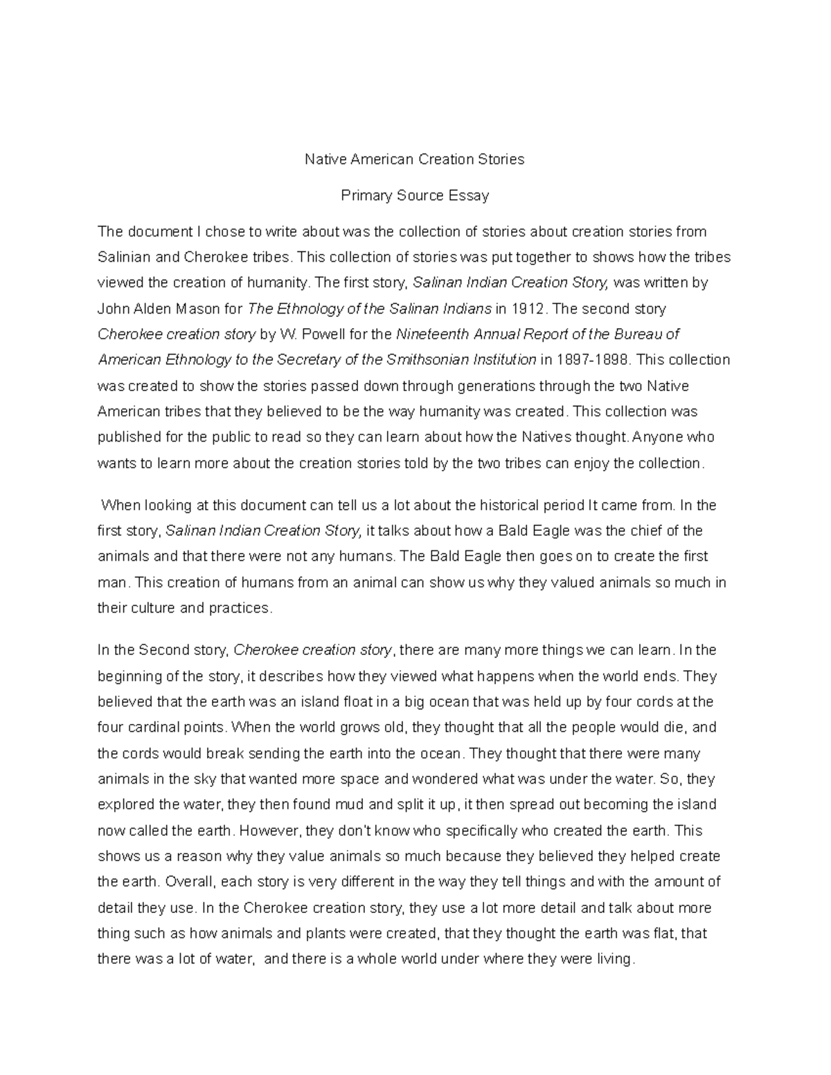 Native American Creation Stories Primary Source Essay - Native American ...