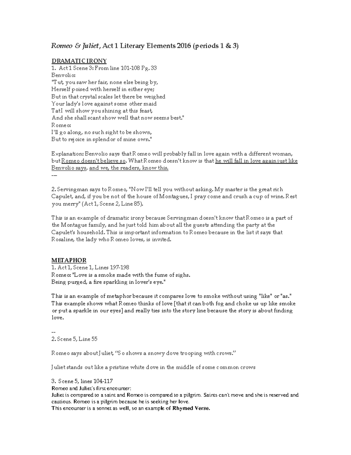 Romeo & Juliet Act 1 Literary Elements Analysis - ENGLISH 2016 - Studocu