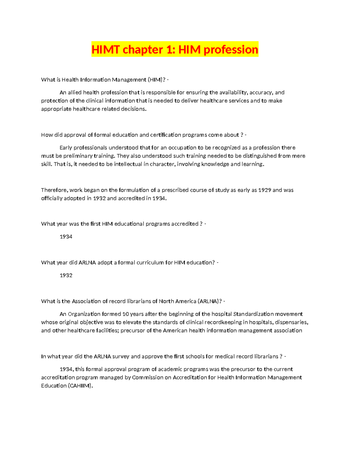 HIMT Chapter 1: Overview of the HIM Profession and Education - Studocu