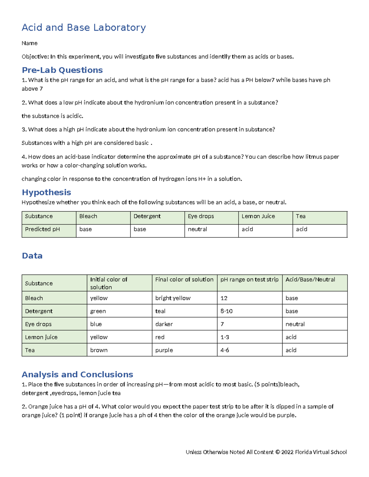 Acid-Base Lab Worksheet: Identifying Substances (Chem 101) - Studocu