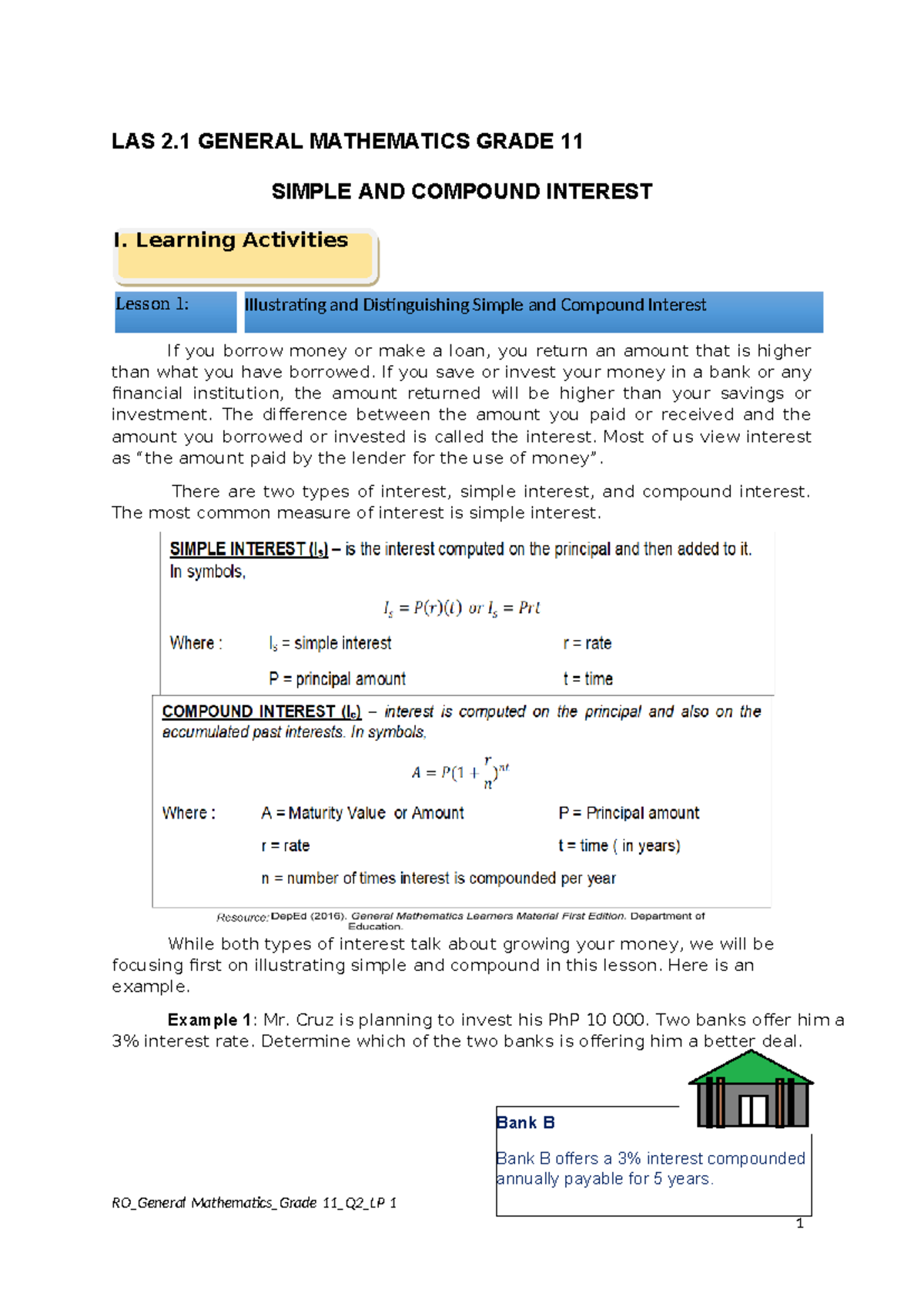LAS 2.1 General Mathematics Grade 11: Simple & Compound Interest ...