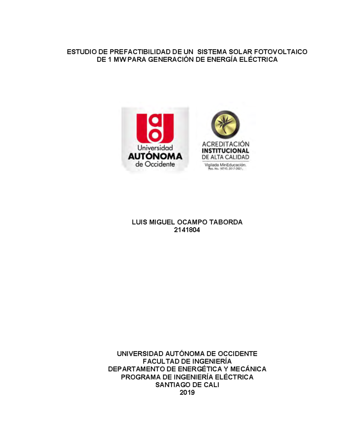 Estudio de Prefactibilidad de un Sistema Solar Fotovoltaico 1 MW - Studocu