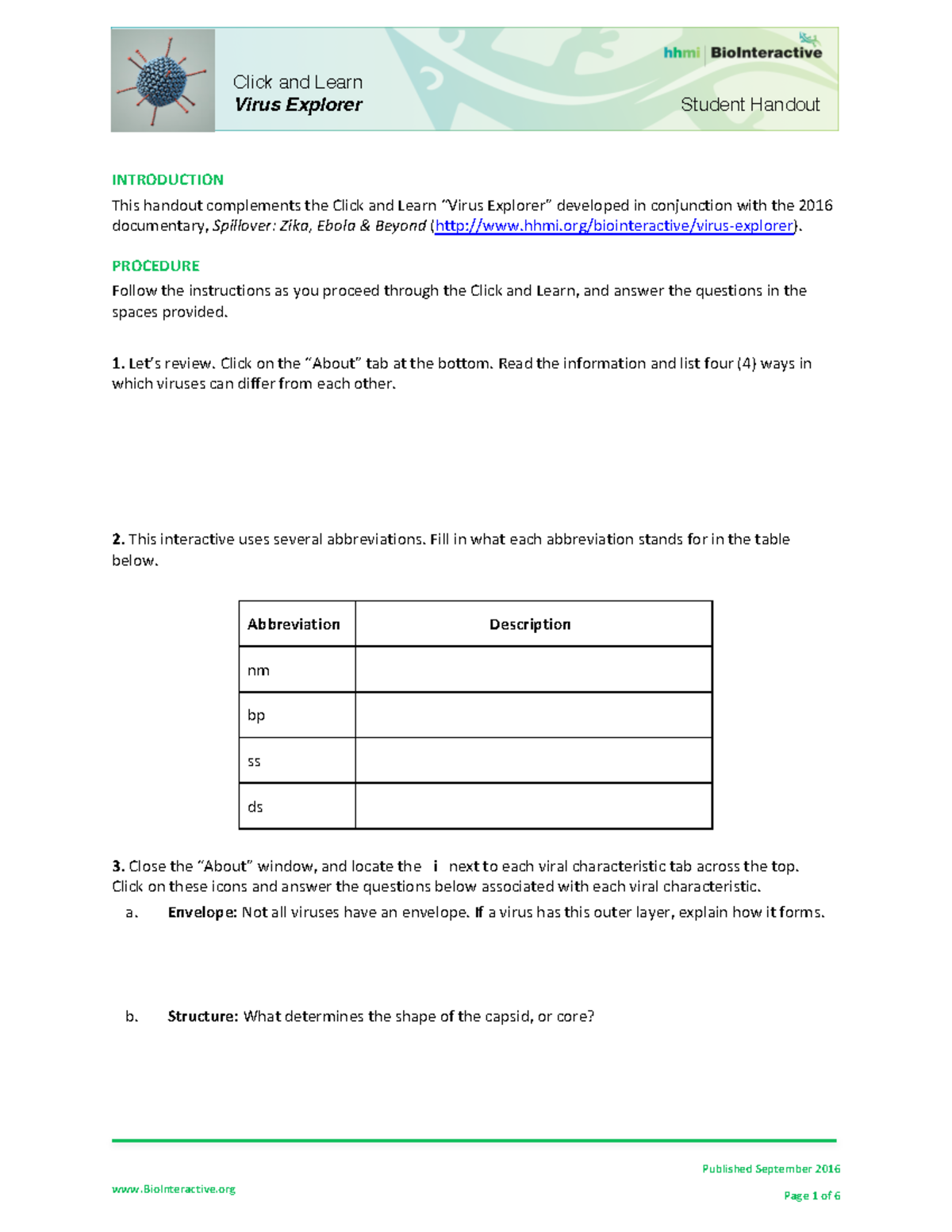 Virus-explorer-worksheet - BioInteractive Published September 2016 ...